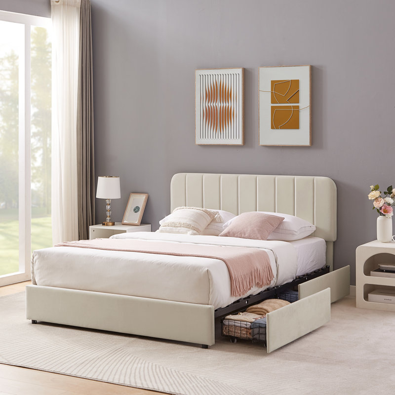 Willa Arlo Interiors Huntsville Bed Frame with 4 Storage Drawers Velvet Upholstered Platform Bed Adjustable Headboard Reviews Wayfair